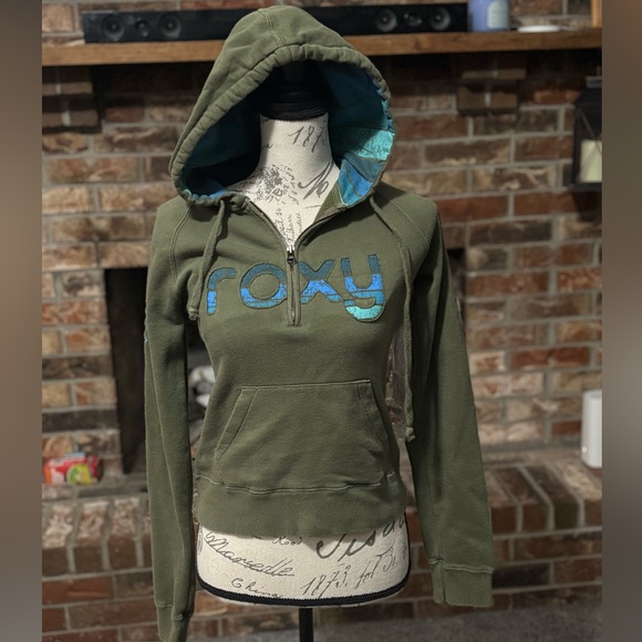 Roxy | Tops | Y2k Roxy Olive Green Hoodie With Blue Accents | Poshmark